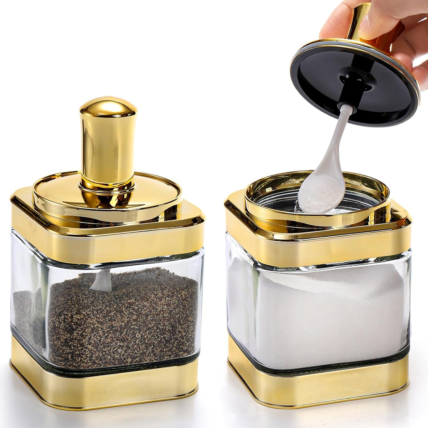 2 Pack Glass Condiment Pot, 12 Ounce Gold Spice Jars with Spoon, Season ...