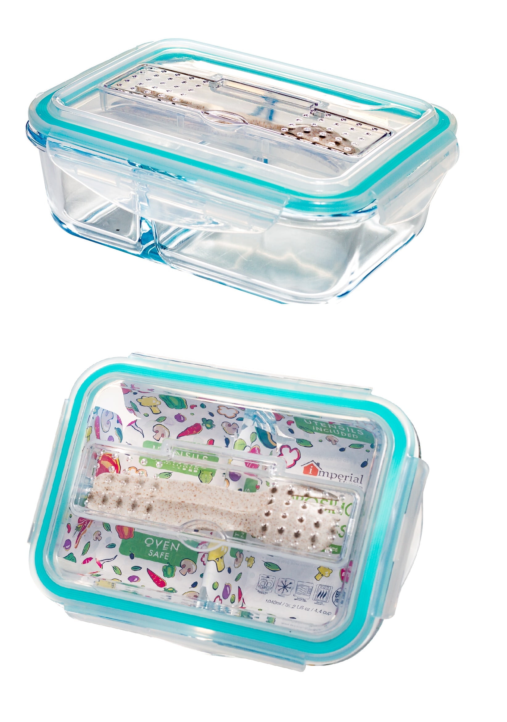 2 Pack Glass Meal Prep 2 Divider & Utensils Rectangle Airtight Food ...