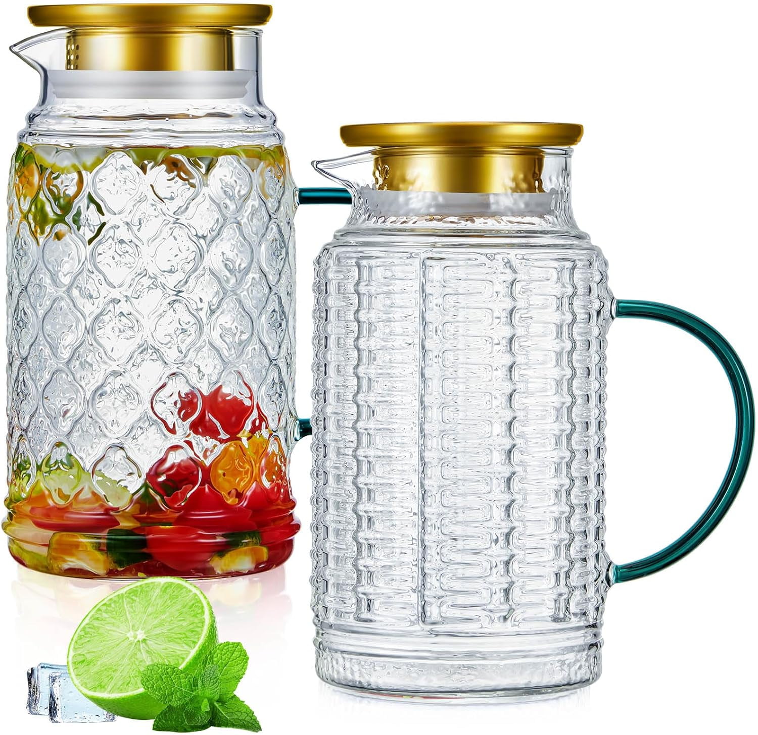 2 Pack Glass Pitcher with Lid,68 Oz/2l Vintage Water Pitcher, Large ...