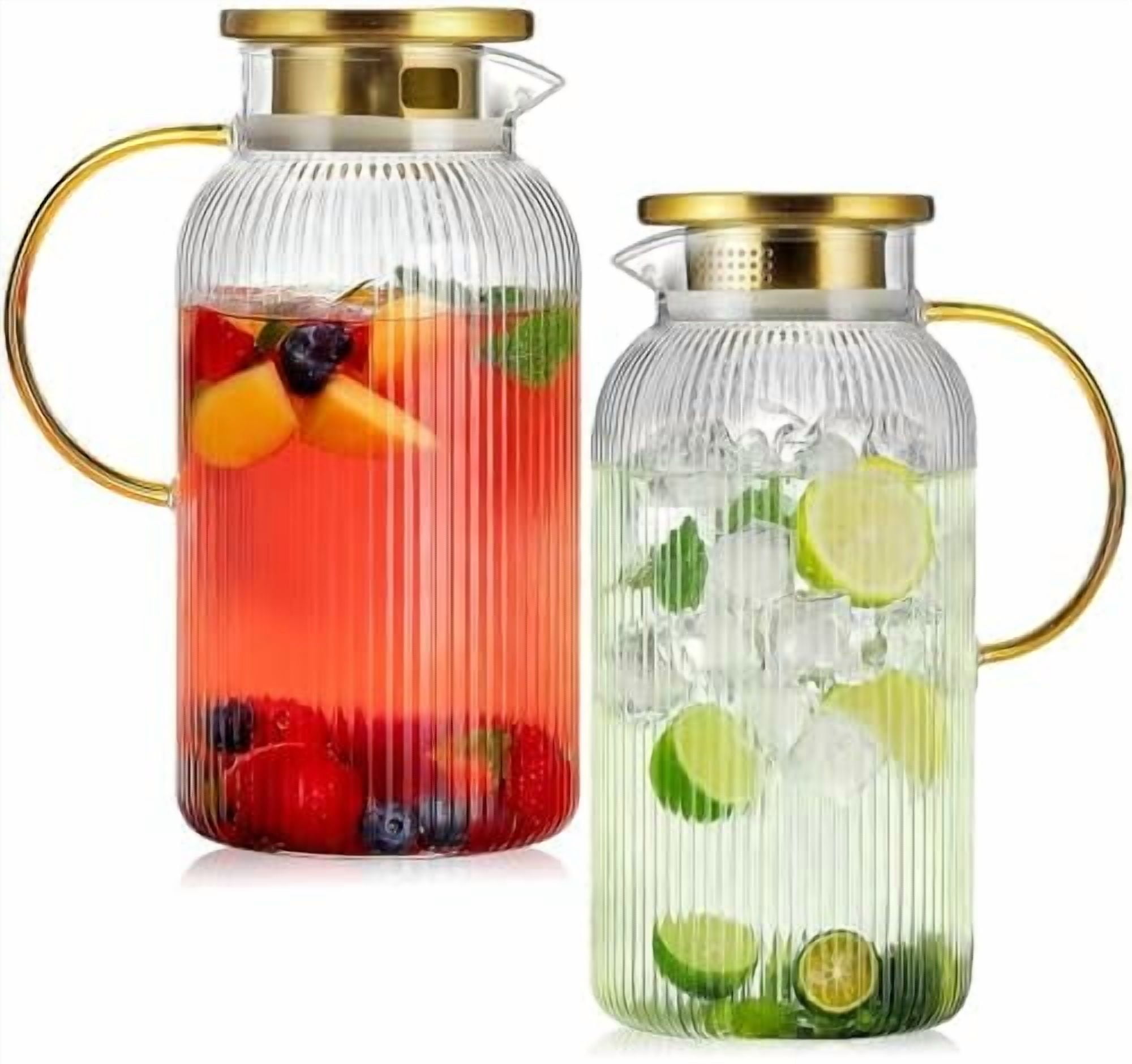 2 Pack Glass Pitcher with Lid, 68 oz/2 Liter Vertical Stripe Round ...