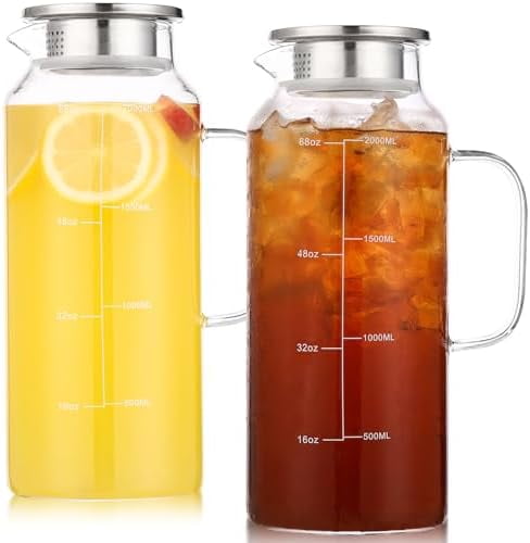 2-Pack Glass Pitcher with Lid, 68oz 2 Quart Water Pitchers With Handle ...