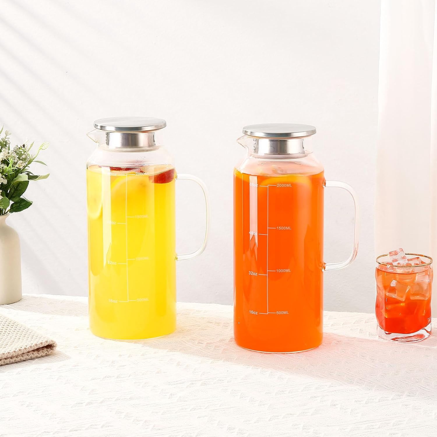 2-Pack Glass Pitcher with Lid, 68oz 2 Quart Water Pitchers With Handle ...