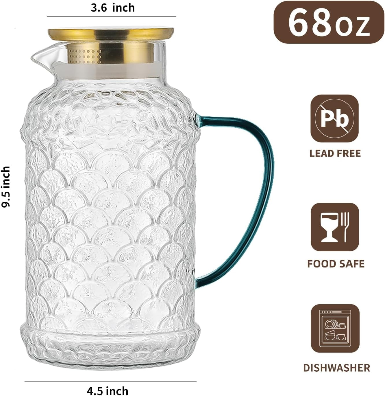 2 Pack Glass Pitcher with Lid, 68 oz/2L Fish Scale Design, Heat ...