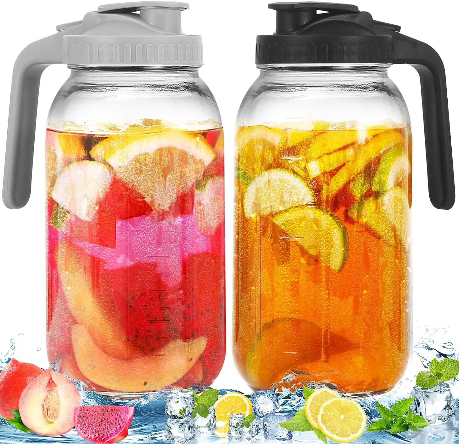 2 Pack Glass Pitchers with Lid, 64 oz Sun Tea Pitcher, Half Gallon ...