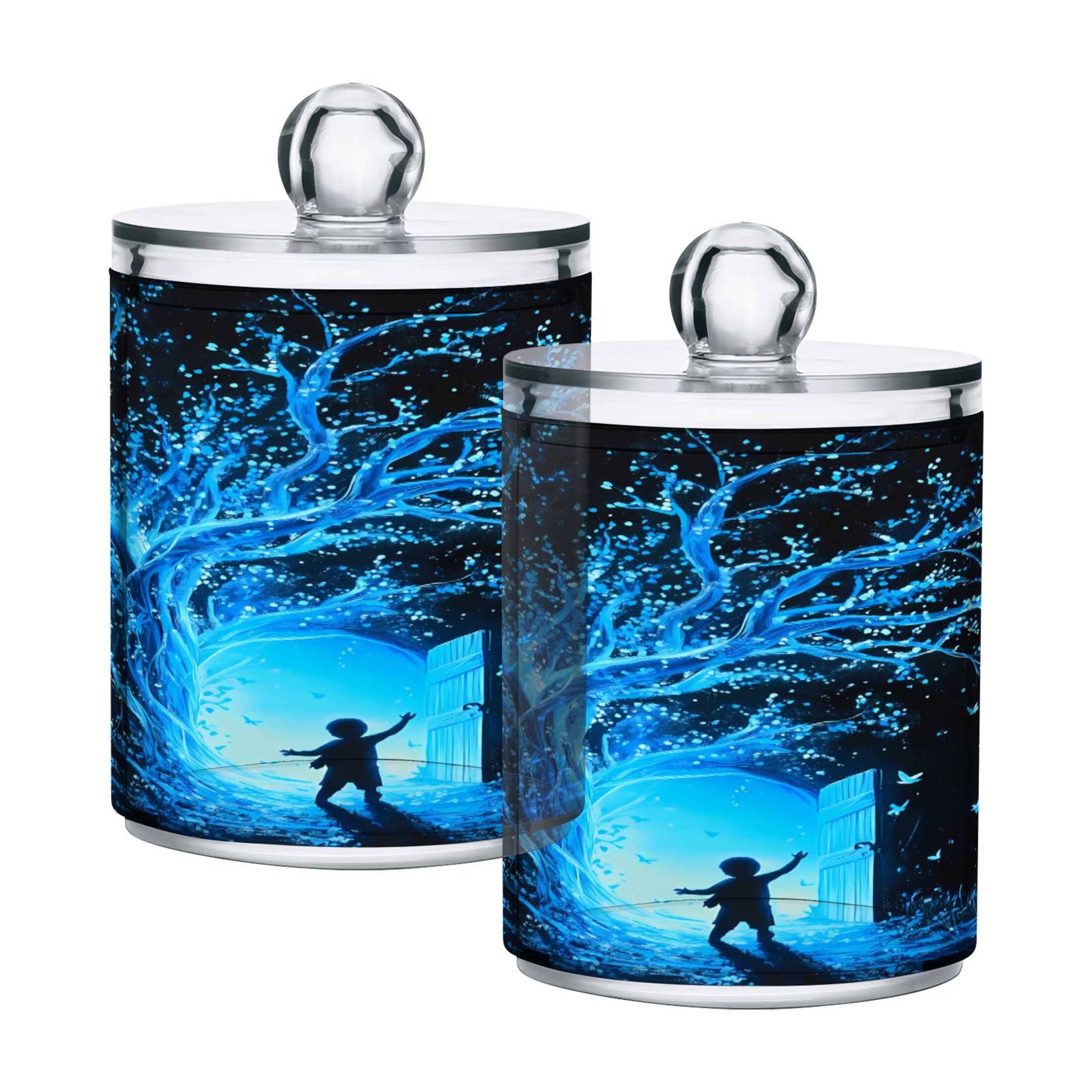 2 Pack Glowing Blue Tree and Door Qtip Holder Dispenser Clear Plastic ...