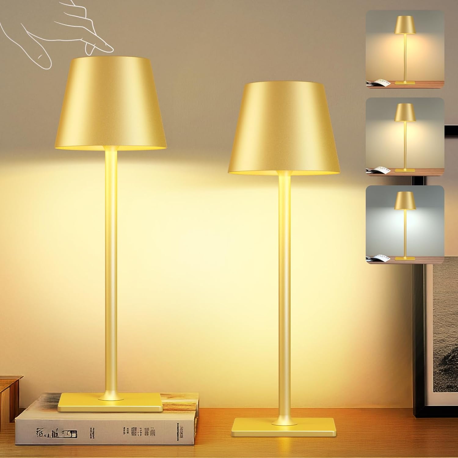 2 Pack Gold Cordless Table Lamp: 6000mAh Battery Operated Touch Lamp ...