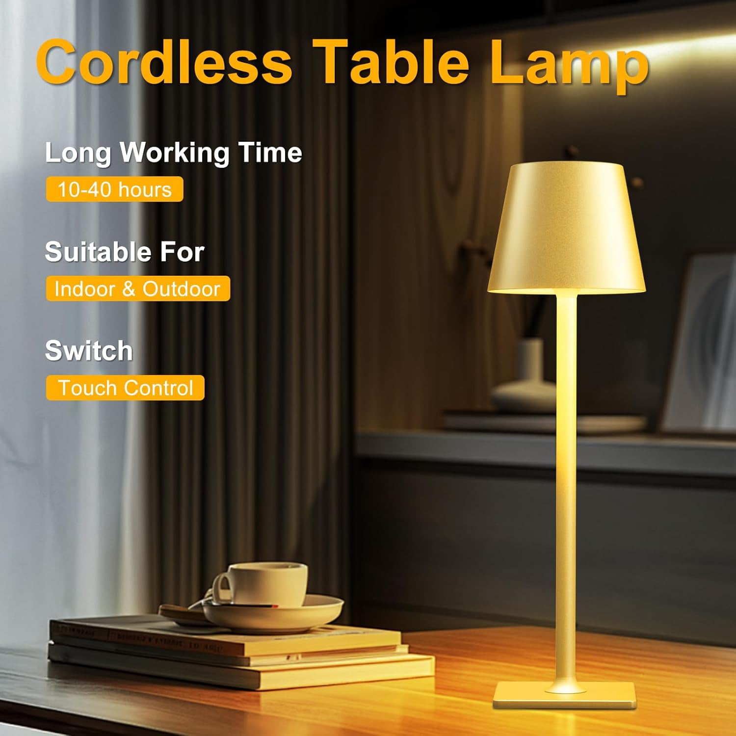 2 Pack Gold Cordless Table Lamp: 6000mAh Battery Operated Touch Lamp ...