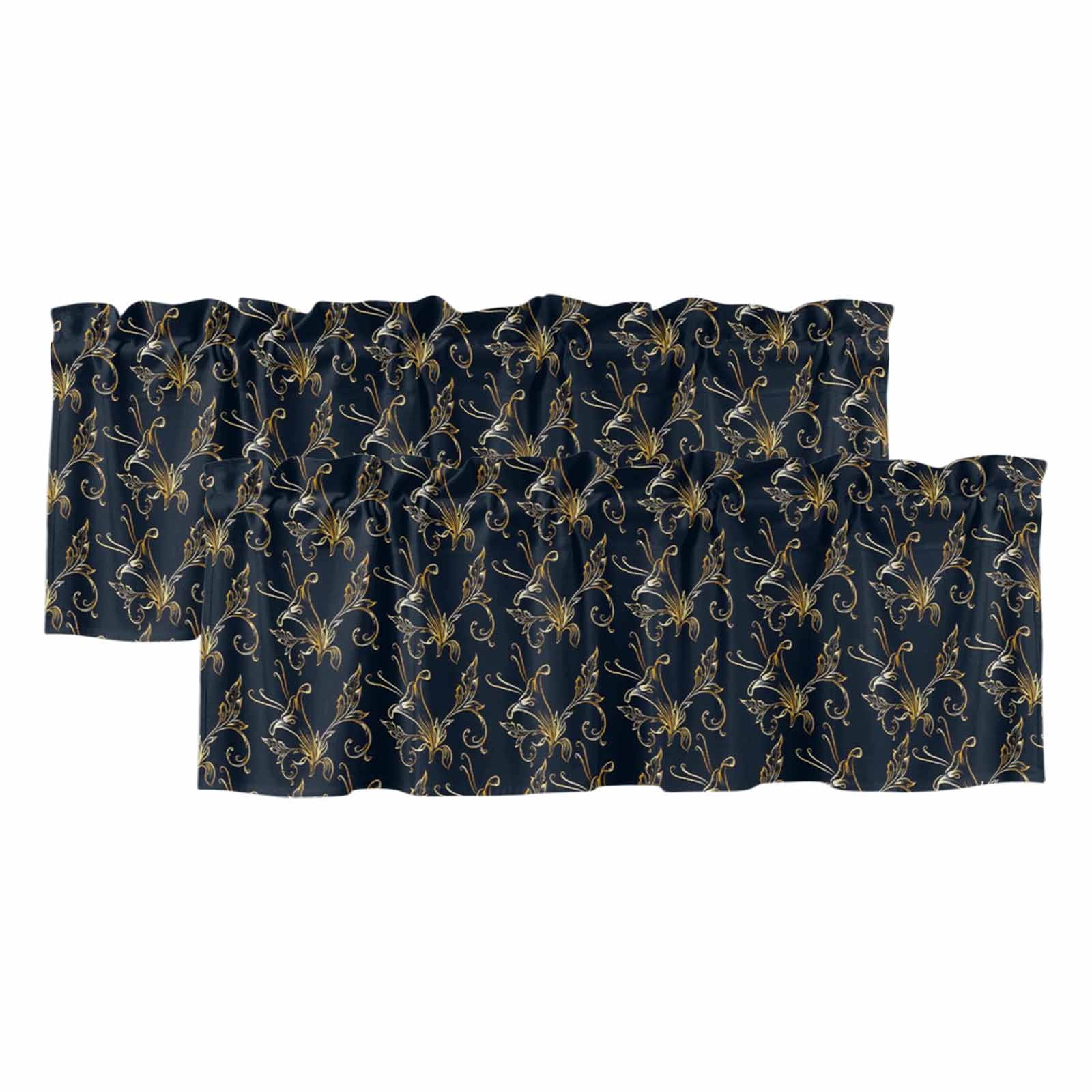 2 Pack Gold Gradient Valance for Window Floral Leaves Black Kitchen ...