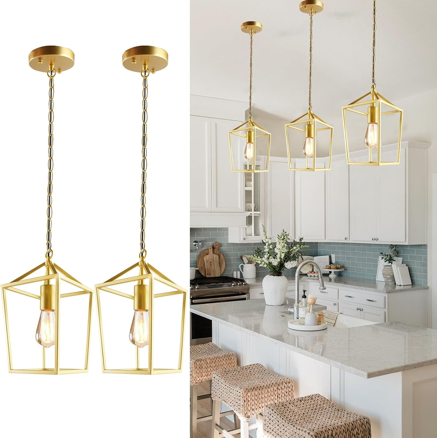 2-Pack Gold Pendant Lights Kitchen Island, Modern Mid Century Light ...