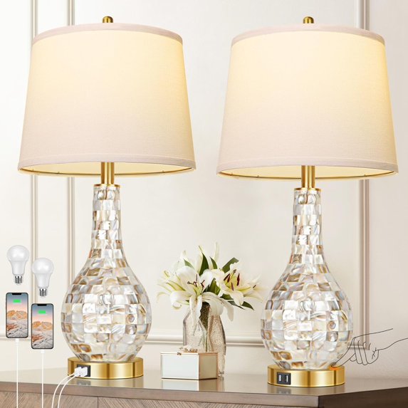 2-Pack Gold Shell Pearl Tile Table Lamps, Modern Coastal Style with USB ...