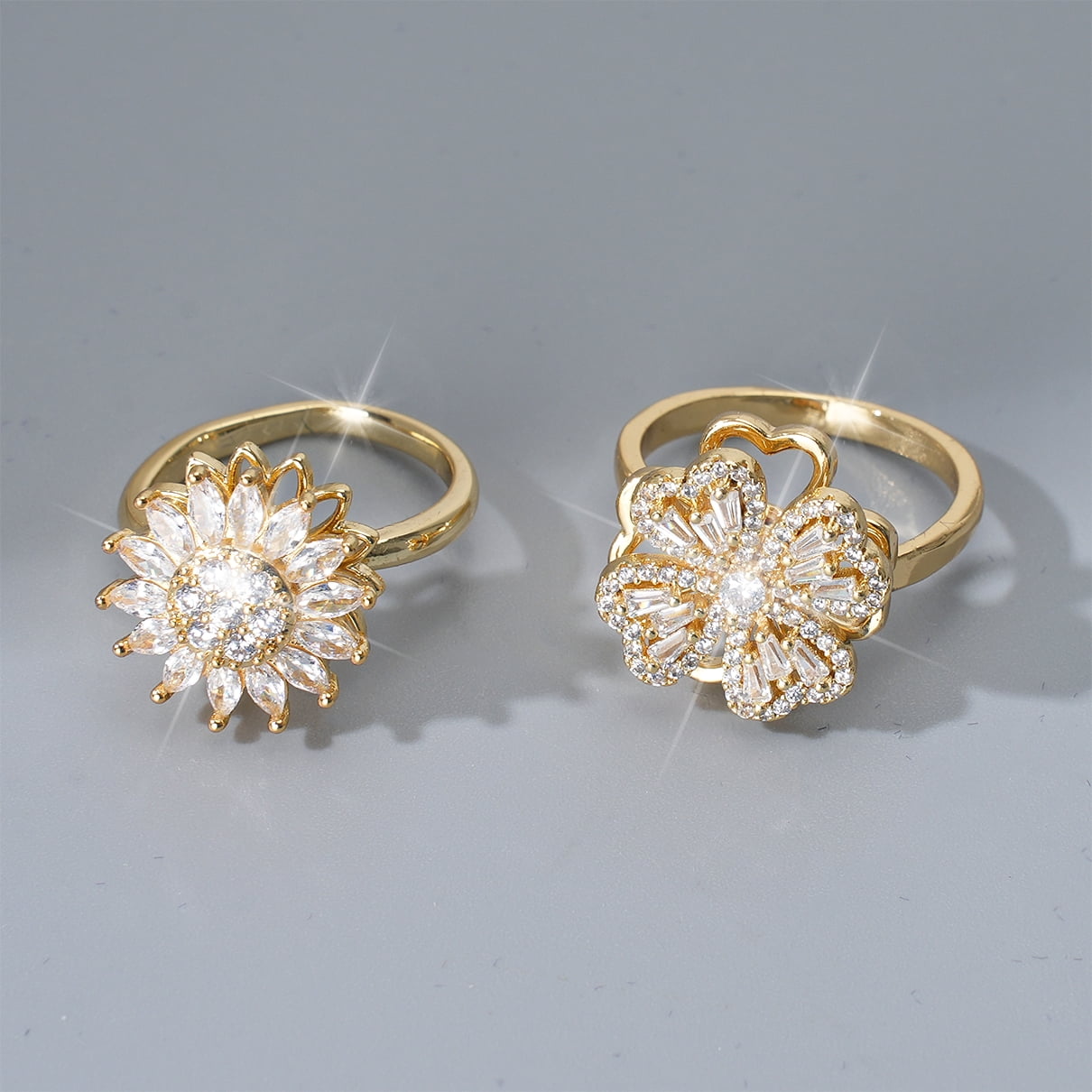 2 Pack Gold-Tone Rotatable Floral Anxiety Rings for Women, Cubic ...