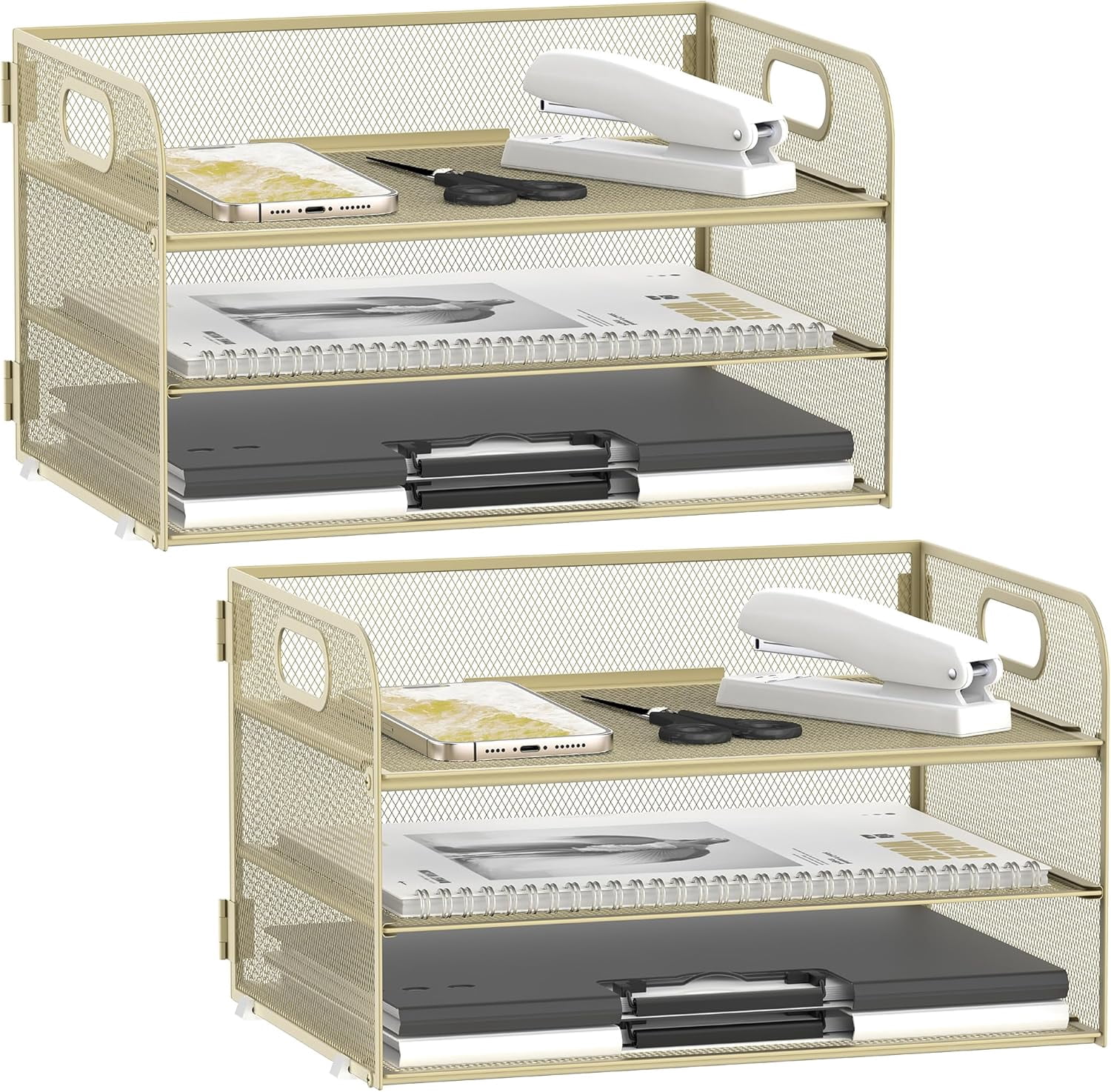 2 Pack Golden Yellow 3-Tier Paper Organizer with Handle, Mesh Letter ...
