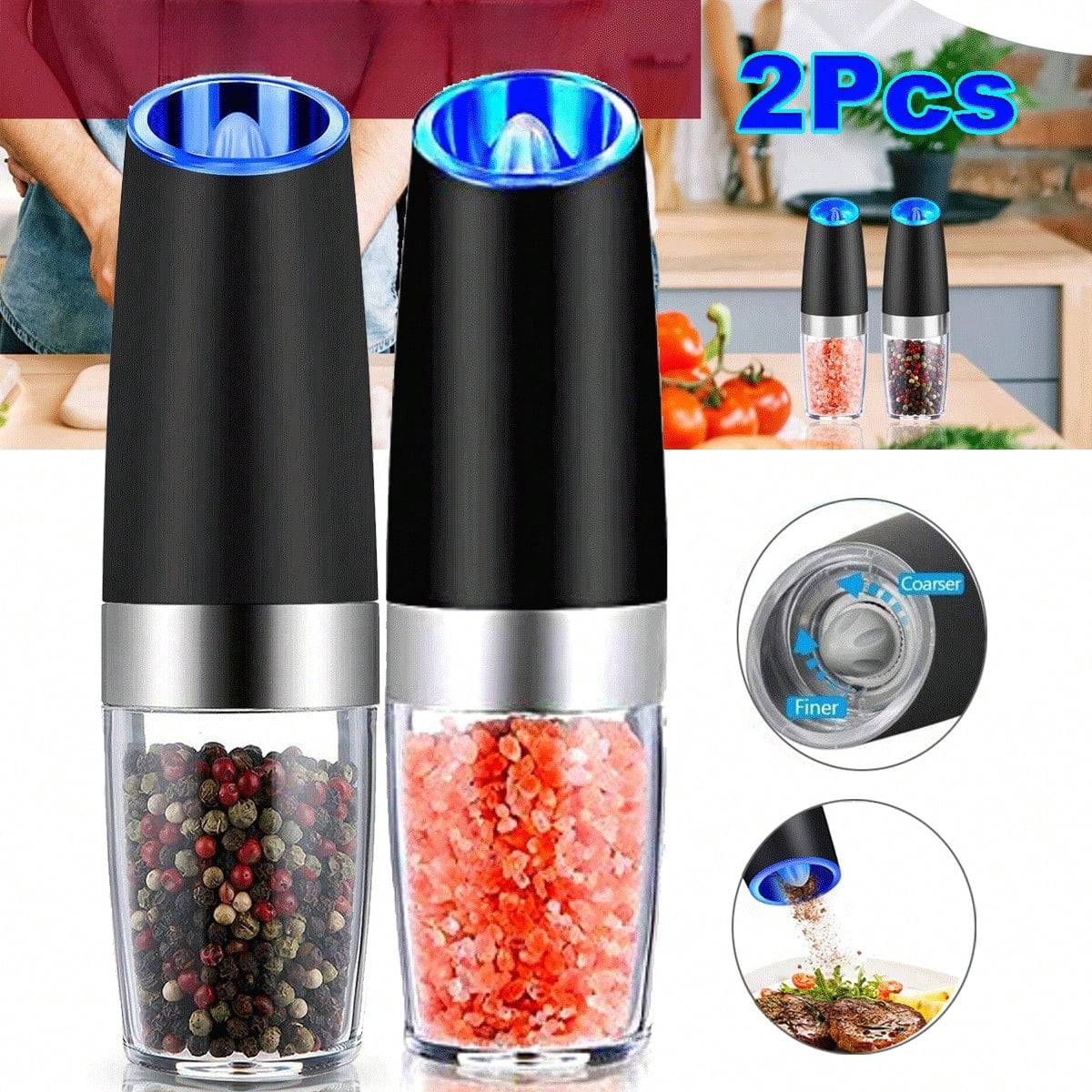 2 Pack Gravity Electric Salt And Pepper Grinder Mill Shaker Adjustable ...