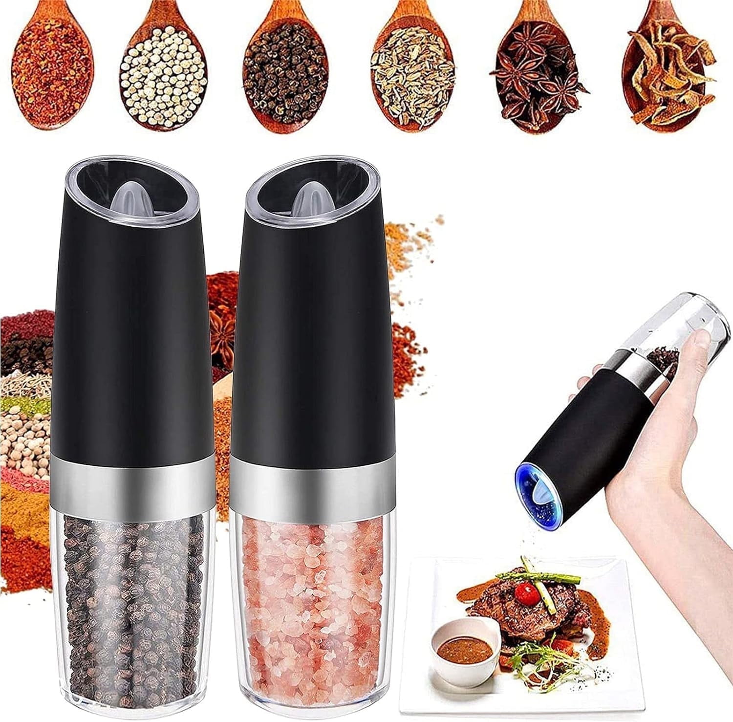 2 Pack Gravity Electric Salt and Pepper Grinder Set Automatic Battery ...