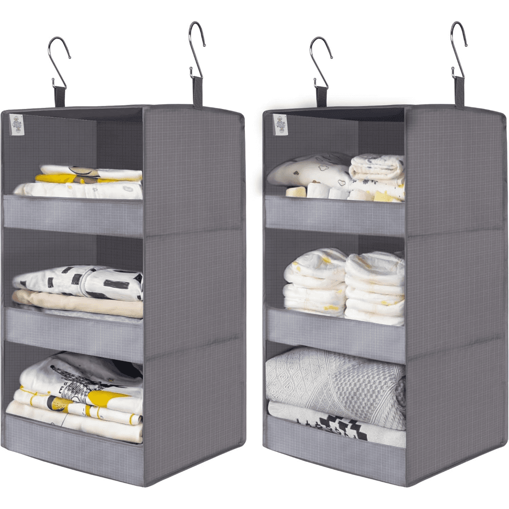 2 Pack Gray 3-Tier Foldable Hanging Closet Organizer with Metal Hooks ...