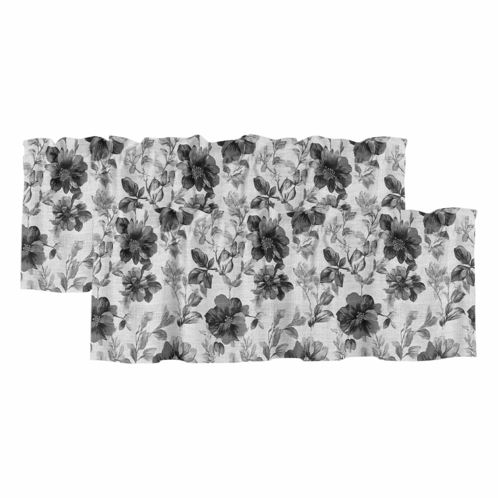 2 Pack Gray Floral Valance for Window Vintage Black Flower Botanical ...