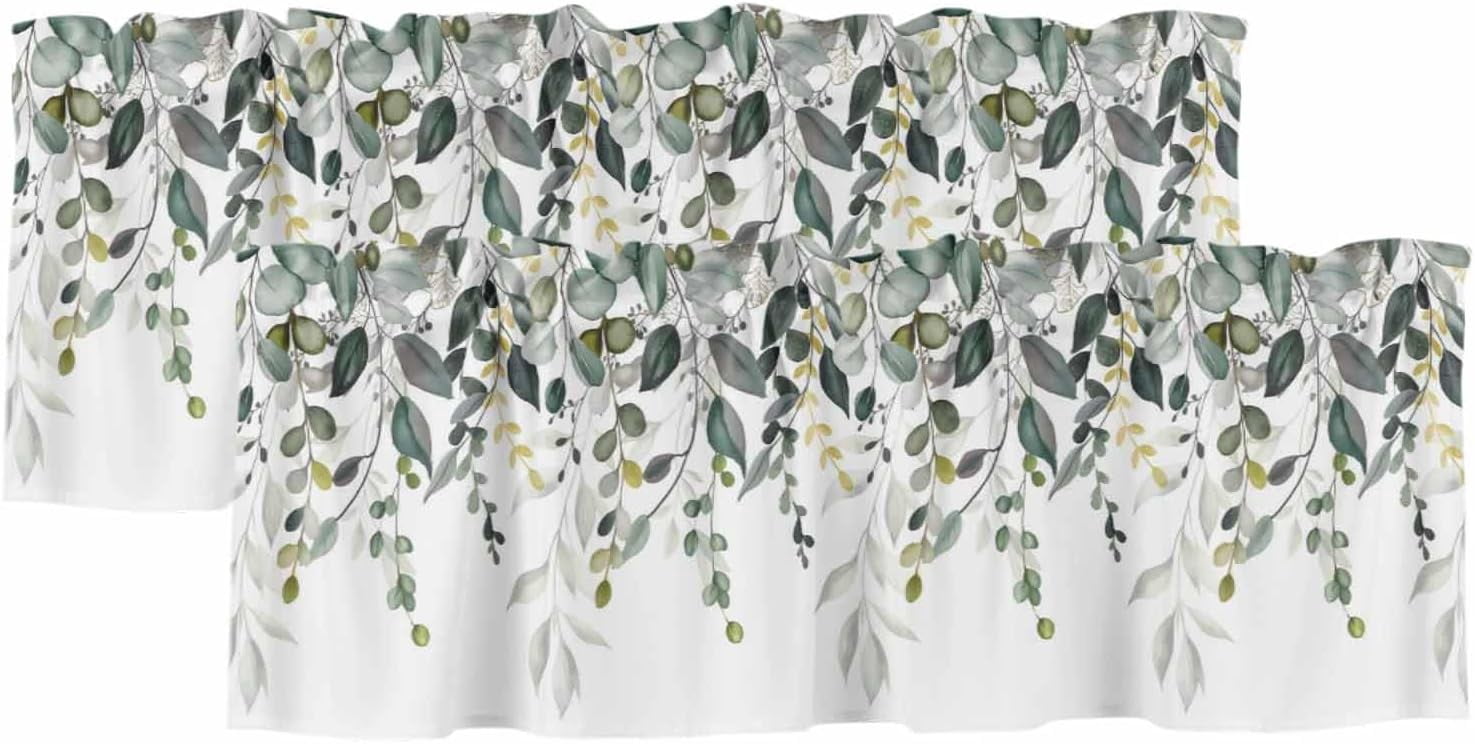 2 Pack Green Eucalyptus Valances for Window, Weeping Botanical Short ...