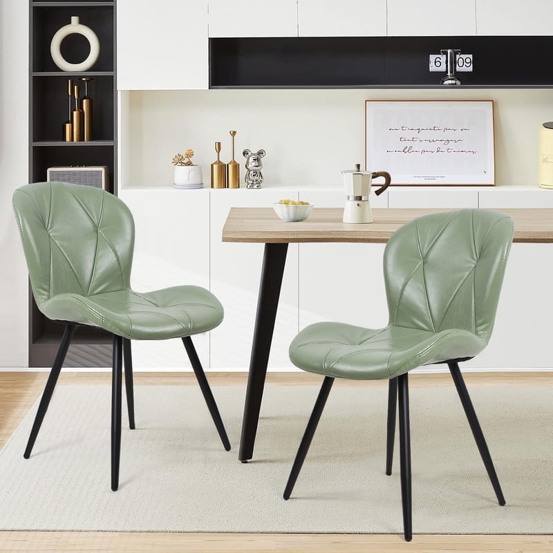 2-Pack Green Faux Leather Dining Chairs Set with Metal Legs - Wide Seat ...