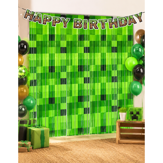 2 Pack Green Foil Fringe Curtains Pixel Birthday Backdrop, 3.2x6.6ft ...