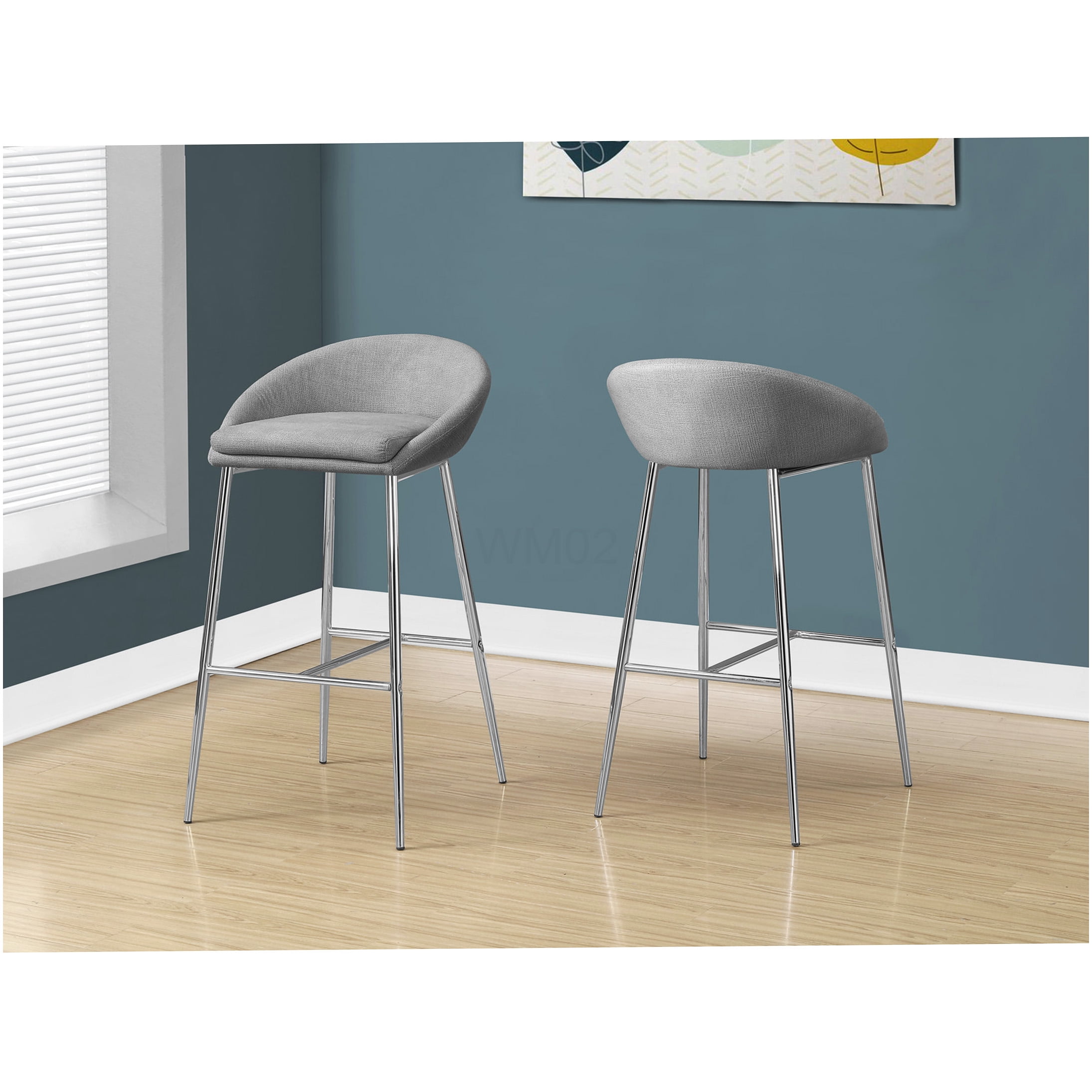 2-Pack Grey Bar Stools with Chrome Legs & Fabric Upholstery, Modern ...