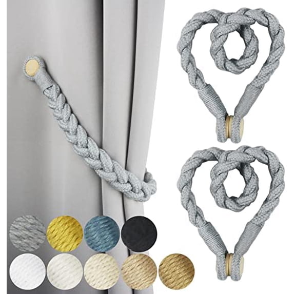 2 Pack Grey Magnetic Soft Curtain Tiebacks Cotton Hand-Woven Tieback ...