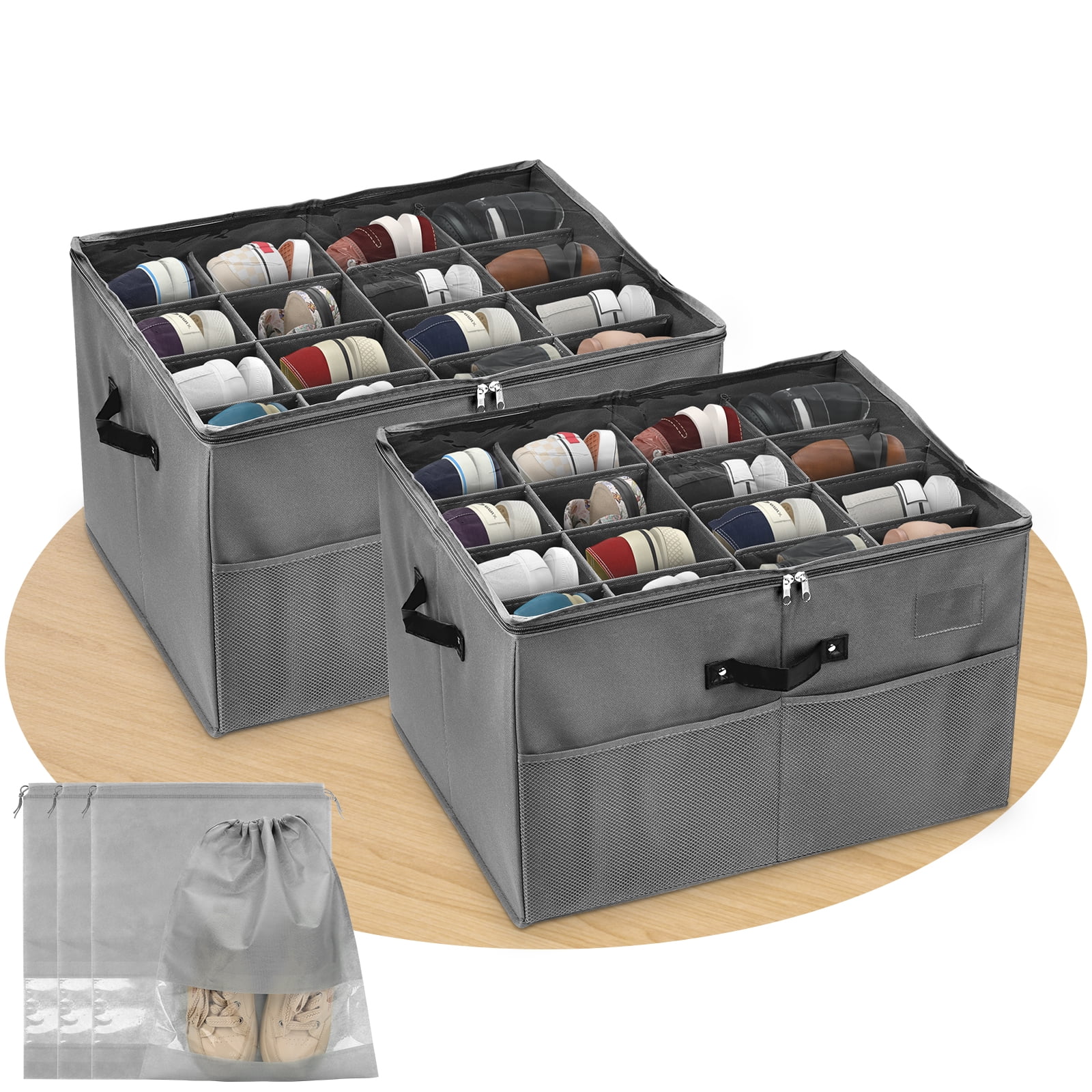 2-Pack Grey Shoe Storage Boxes + 4 Shoe Bags – Stackable Sneaker ...