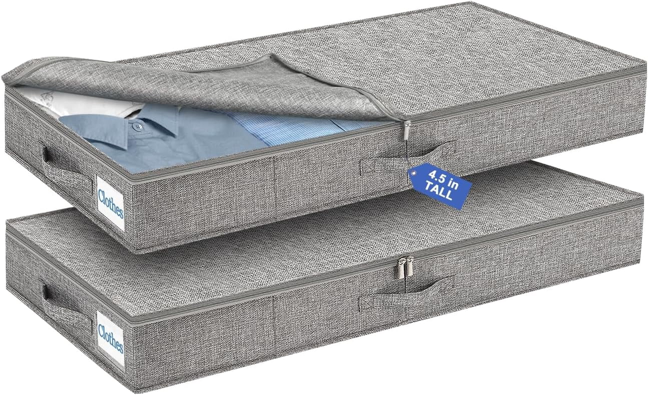 2 Pack Grey Under Bed Storage Containers, 4.5 Inch Tall Low Profile ...