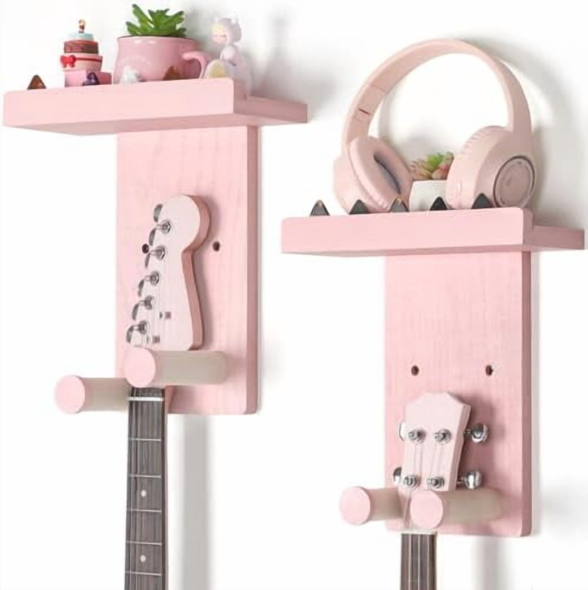 2-Pack Guitar Wall Mount Hanger with Shelf & Pick Holder - Wood Wall ...