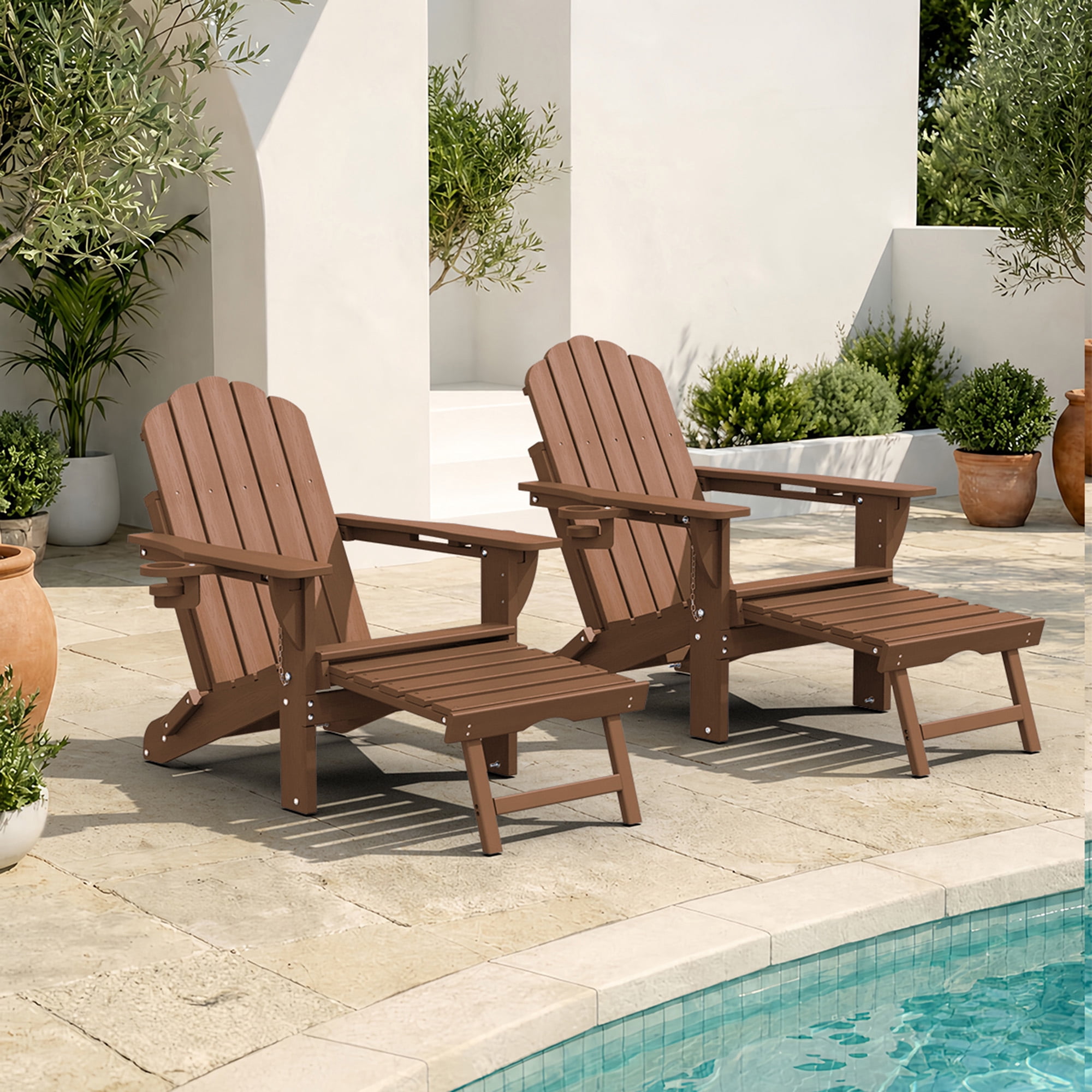 2 Pack HDPE 4-in-1 Adirondack Patio Rocking Chair with Ottoman, Teak ...