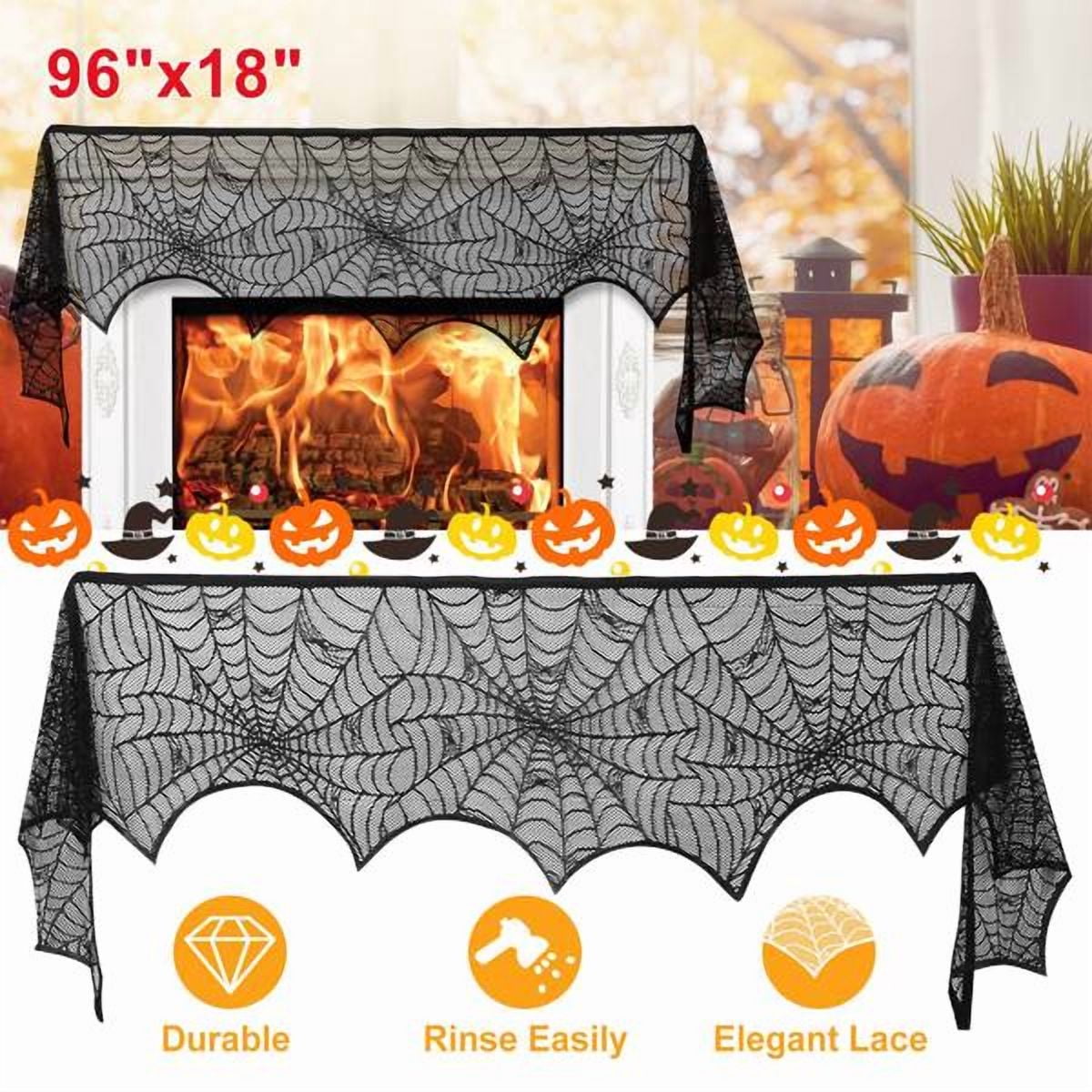 2-Pack Halloween Fireplace Mantle Scarf, Black Lace with Spider Web ...