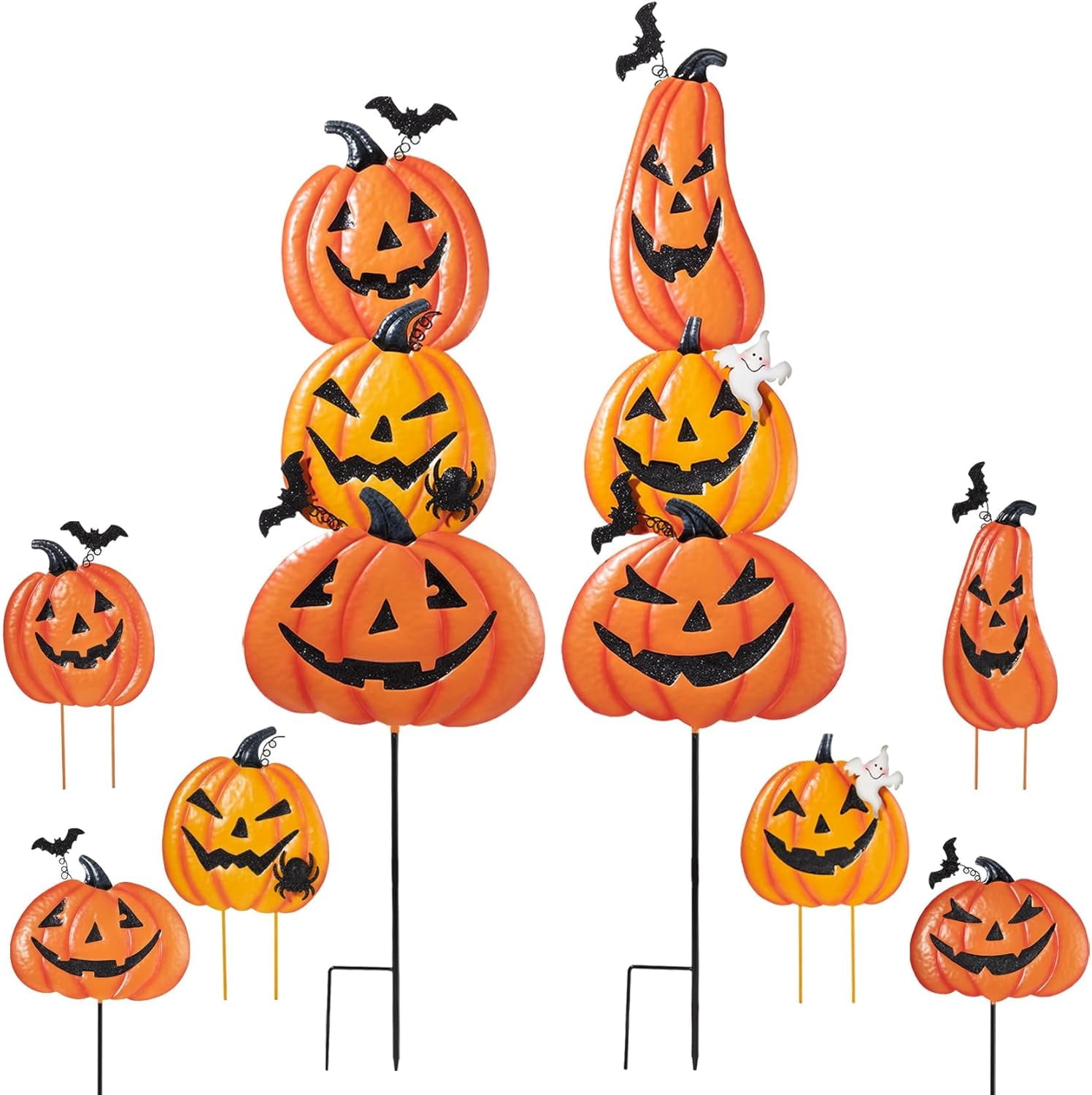 2 Pack Halloween Garden Stakes - Stacked Metal Pumpkins Jack-o-Lantern ...