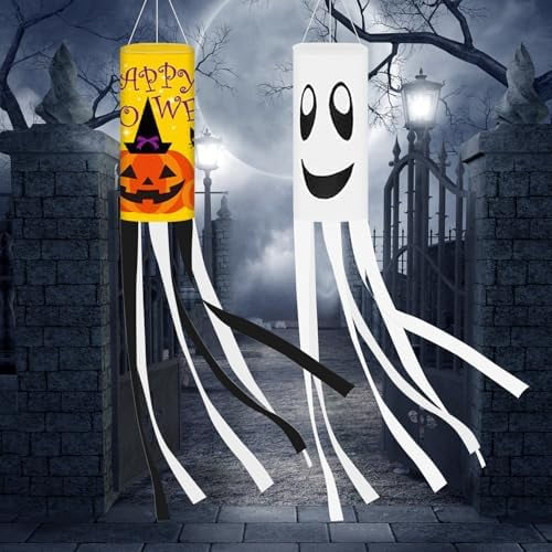 2 Pack Halloween Ghost Windsock Flag Decorations, 40 Inch Hanging Happy ...