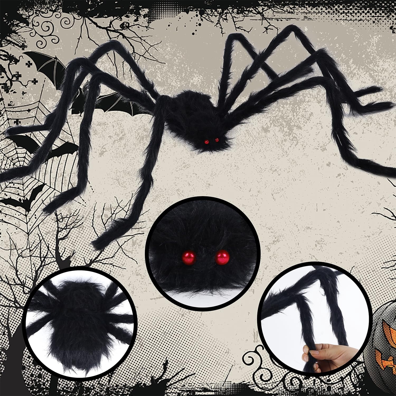 2 Pack Halloween Giant Spider Decorations, 6.5ft & 5ft Huge Foldable ...