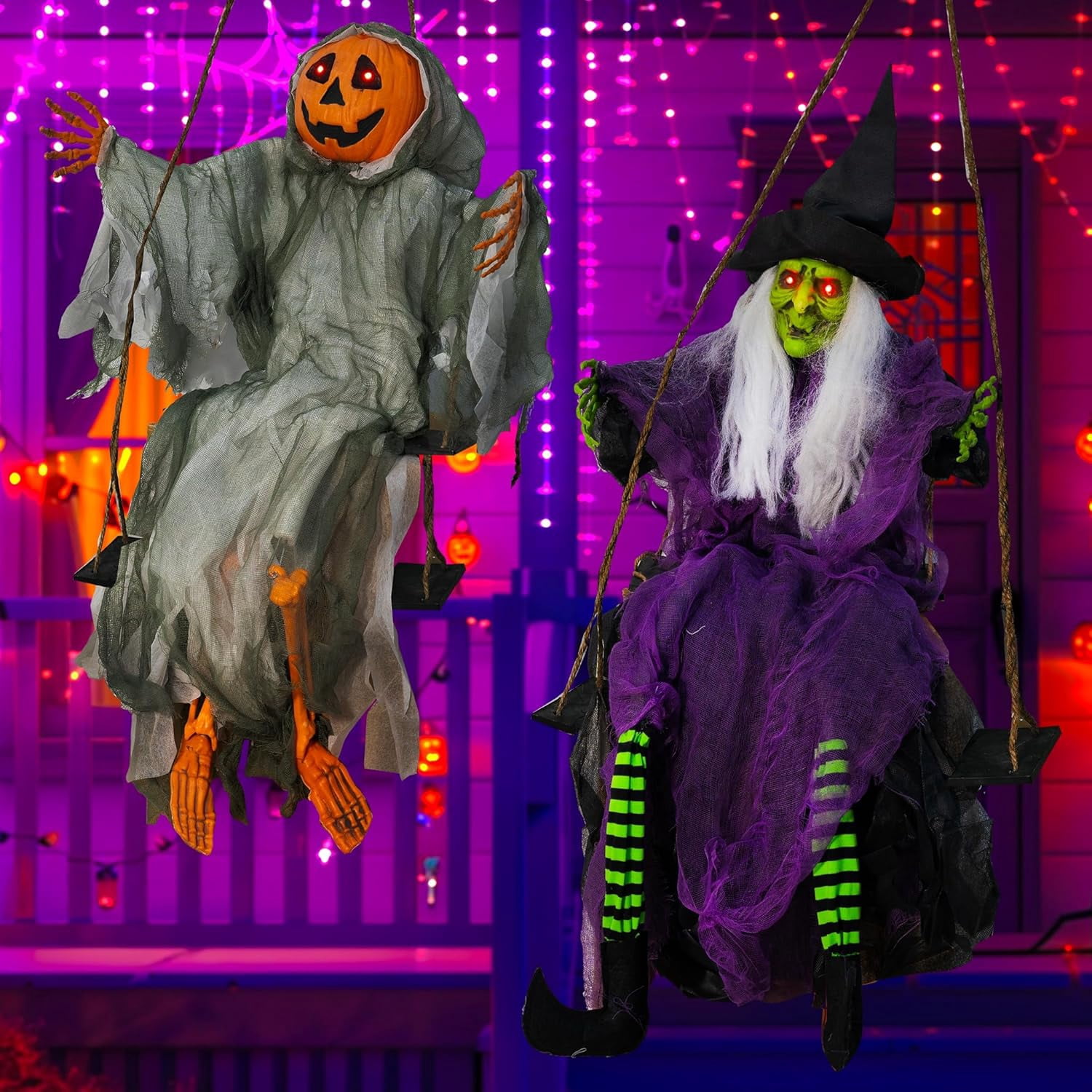 2 Pack Halloween Hanging Decorations, Light Up Swinging 3.6ft Witch and 4ft Pumpkin Ghost with ...