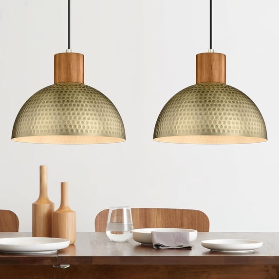2 Pack Hammered Pendant Lights 12” Vintage Metal & Wood Dome Hanging ...