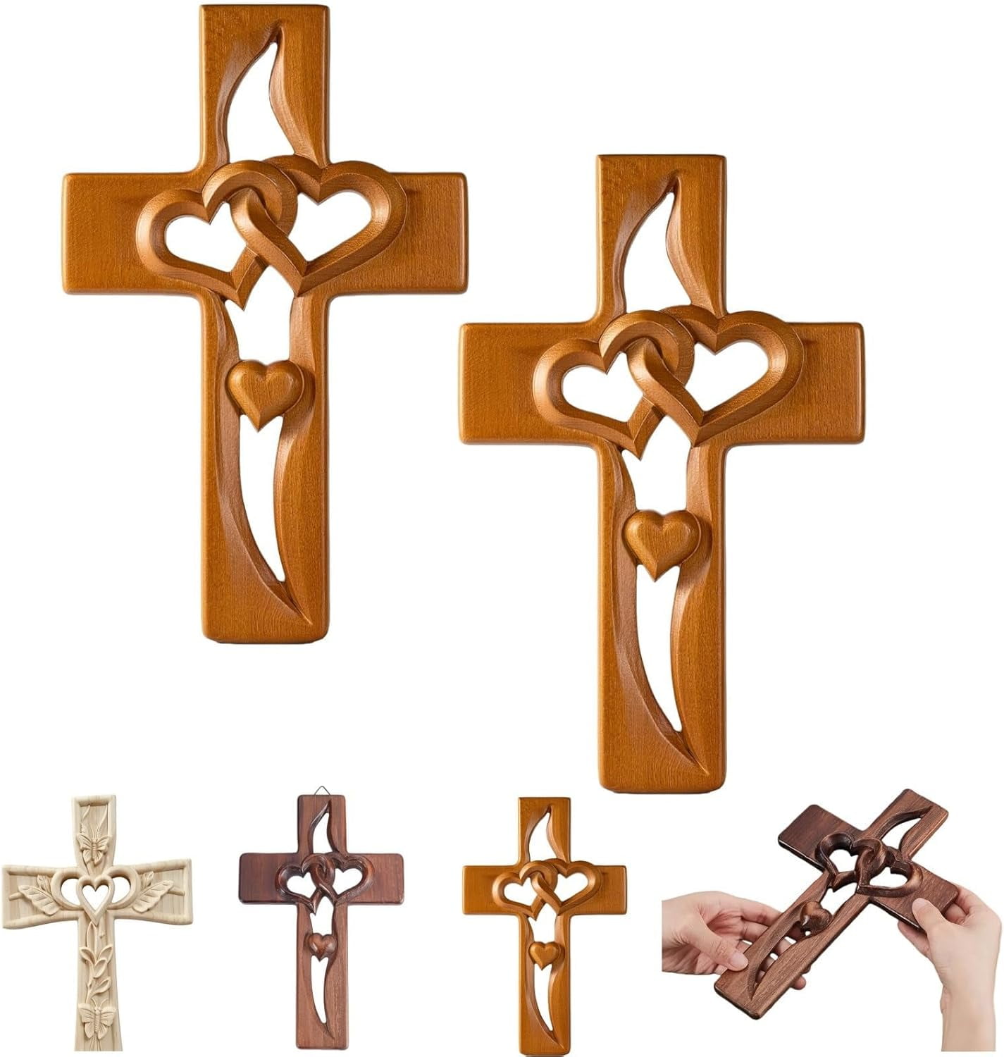 2 Pack Hand-Carved Intertwined Hearts Wooden Cross - Marriage Cross ...