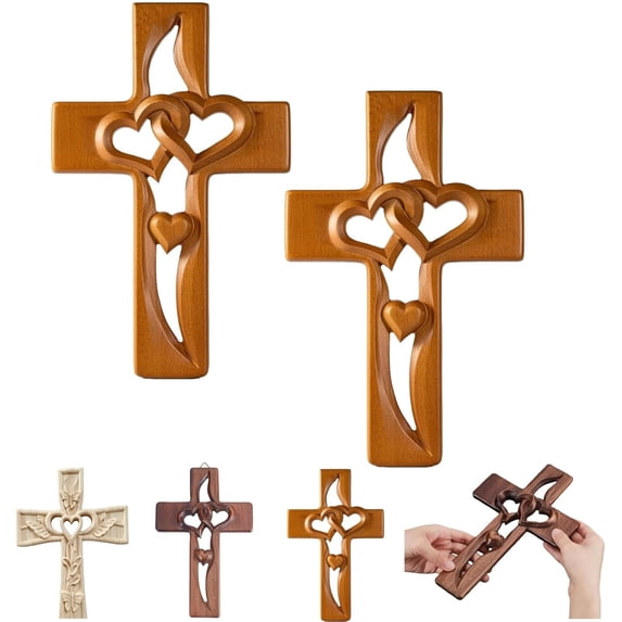 2 Pack Hand-Carved Intertwined Hearts Wooden Cross - Marriage Cross ...