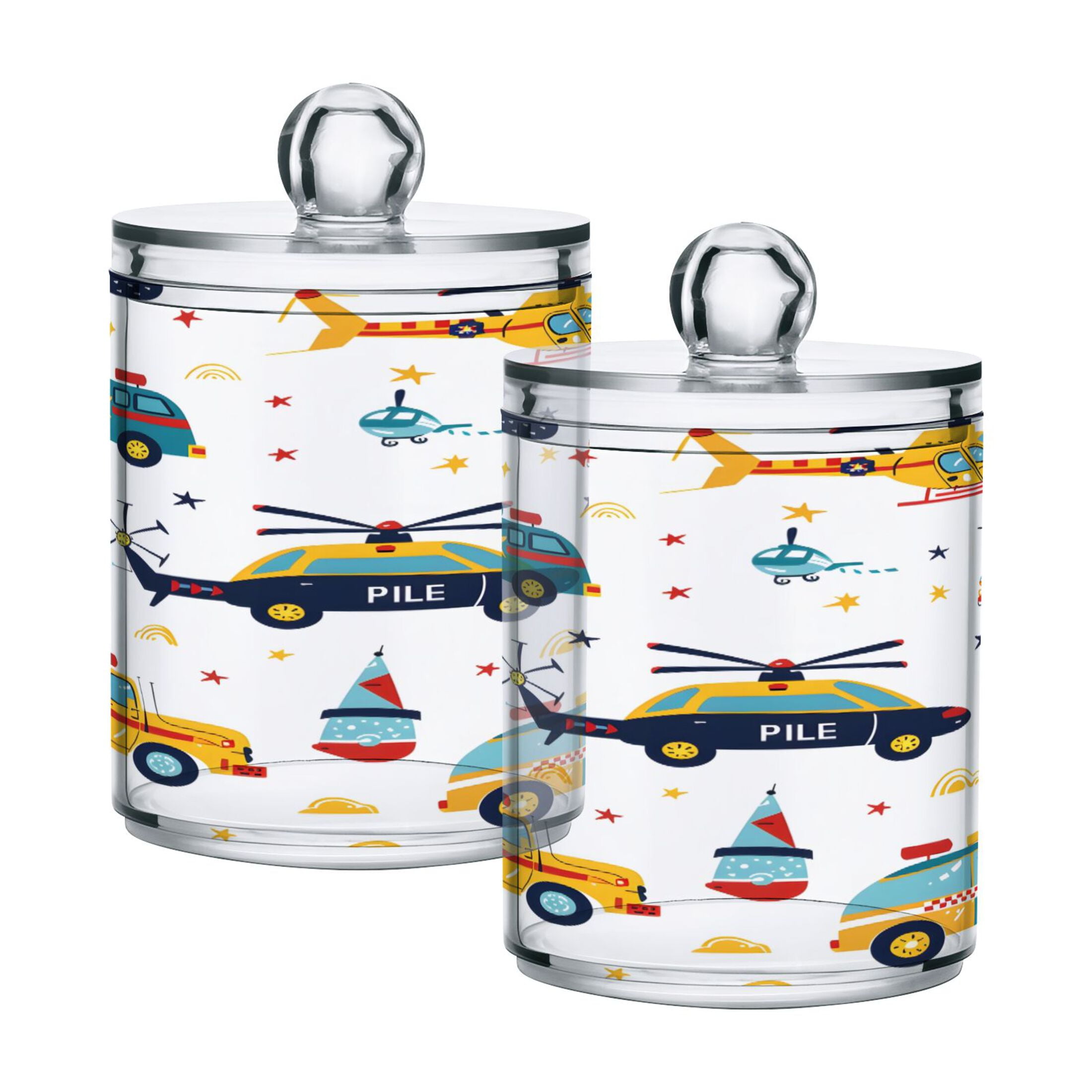 2 Pack Hand Drawn Car Helicopter Qtip Holder Dispenser Clear Plastic ...