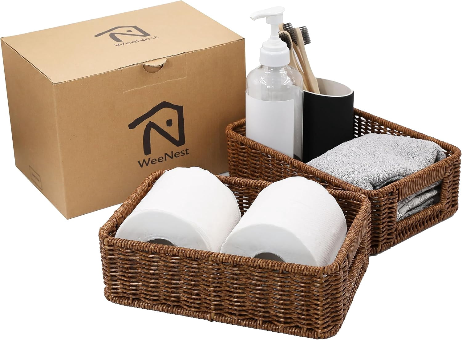 2-Pack Hand-Woven Wicker Storage Baskets – Toilet Paper Organizers with ...