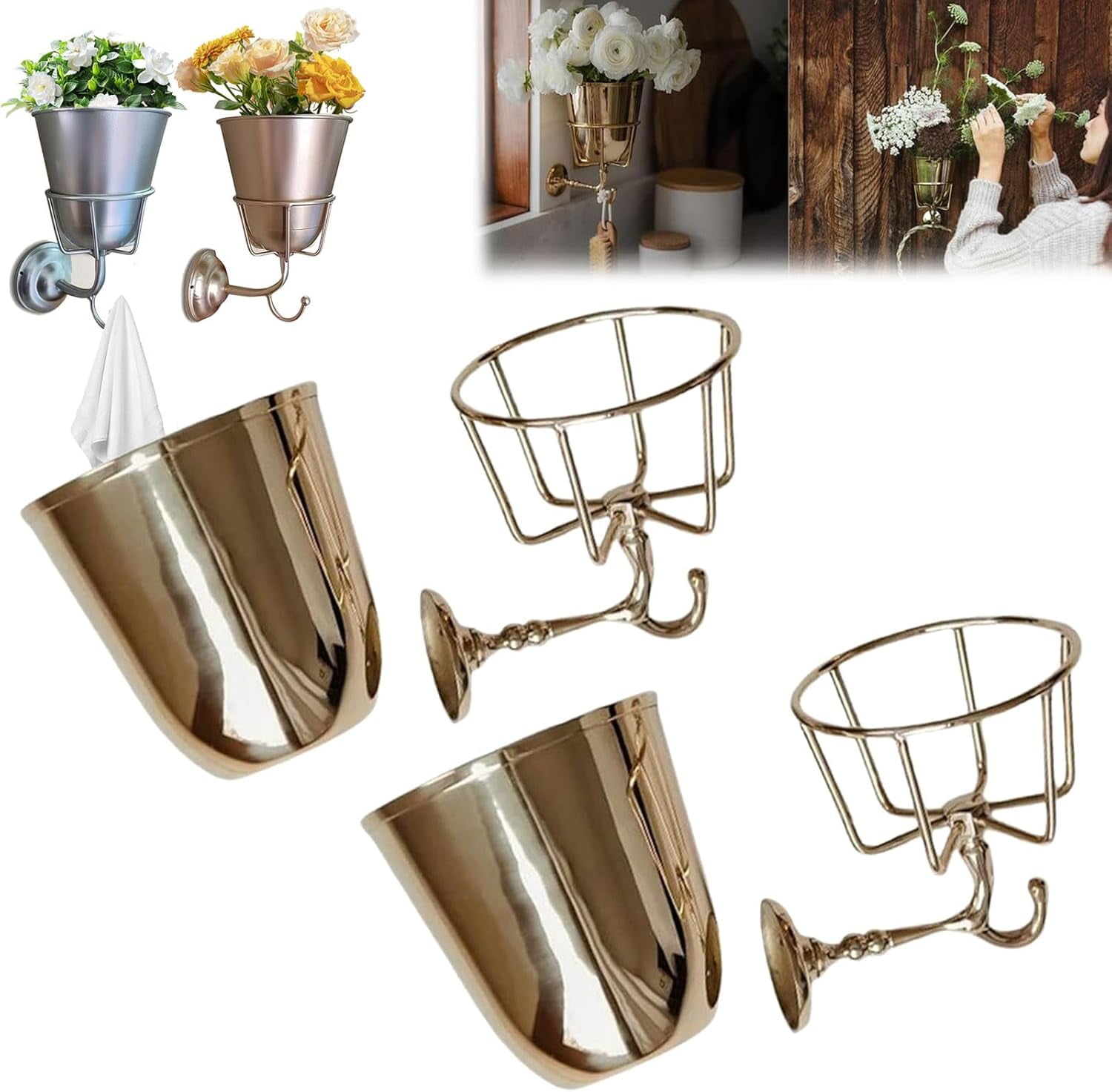 2 Pack Handcrafted Opal Wall Vessel with Hook, Vintage Wall Brass Vase ...