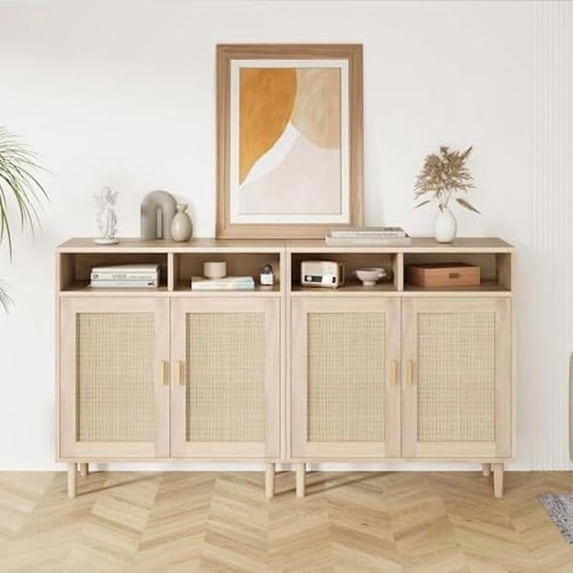 2-Pack Handwoven Rattan 2-Door Farmhouse Sideboard, Adjustable Shelf ...