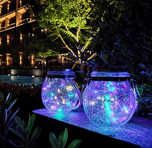 2 Pack Hanging Solar Powered LED Lights,Cracked Glass Ball Light ...