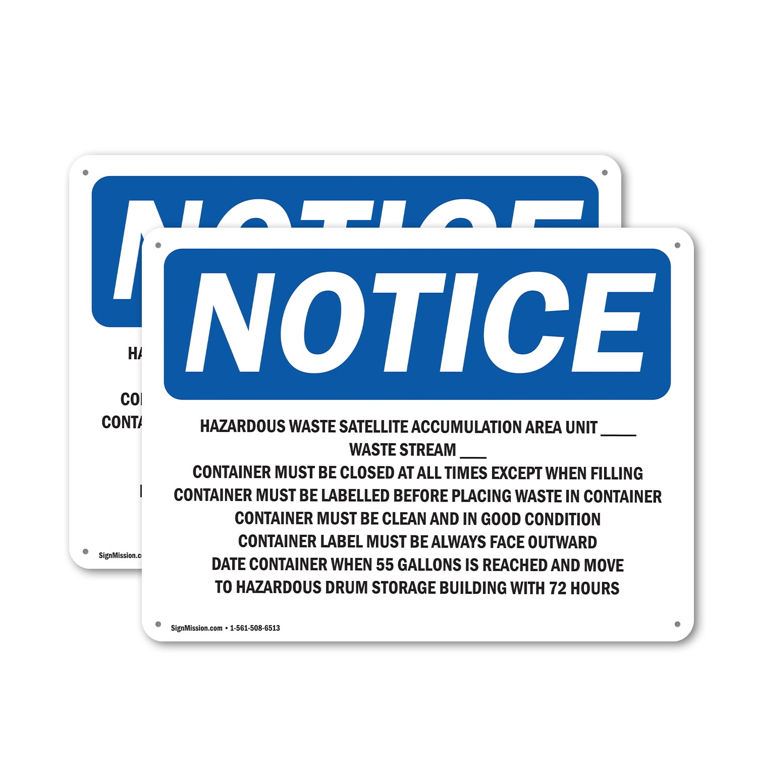 (2 Pack) Hazardous Waste Satellite Accumulation Area OSHA Notice Sign ...