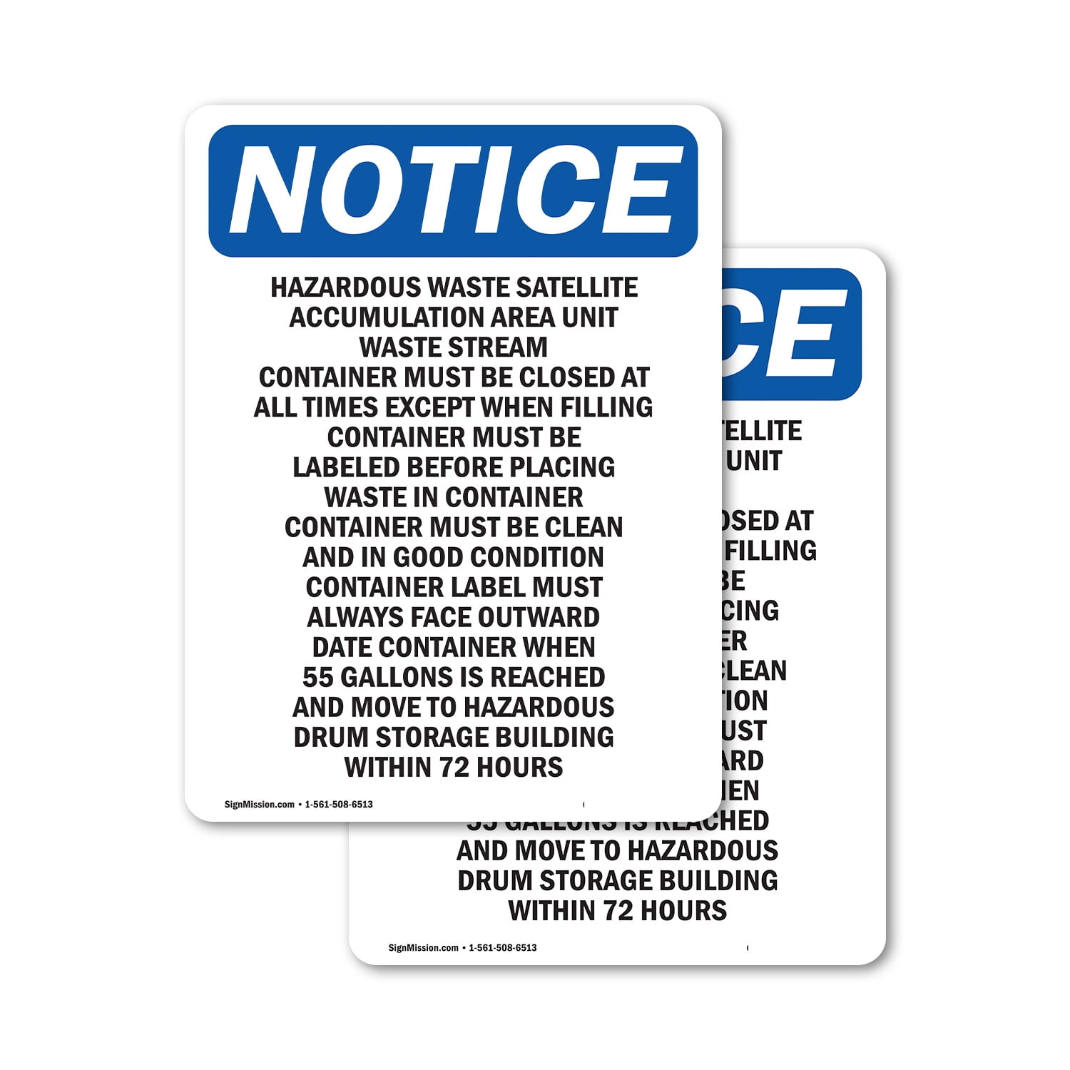 (2 Pack) Hazardous Waste Satellite Accumulation OSHA Notice Sign ...
