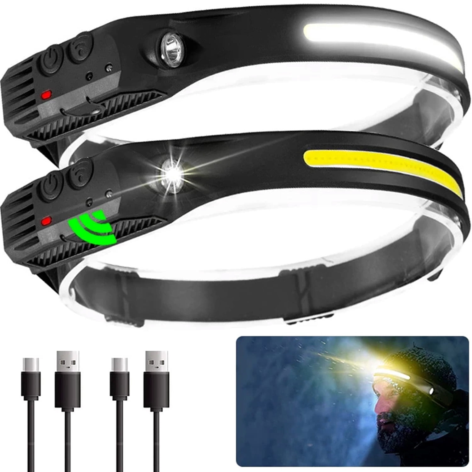 2 Pack Headlamp, Rechargeable LED Head Lamps, 230 Wide-Beam USB ...