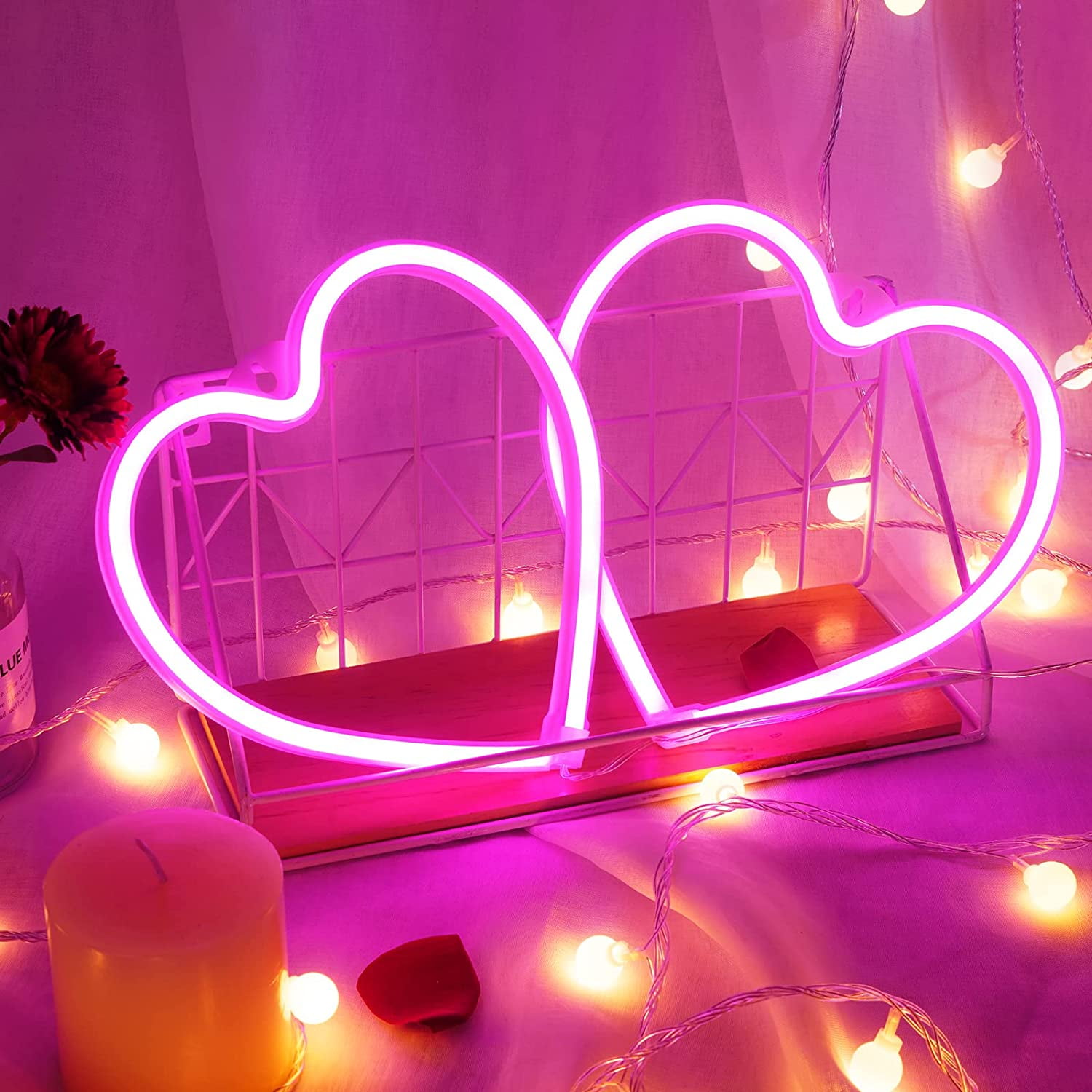 2 Pack Heart Neon Signs, Pink Neon Signs LED Neon Heart Light ...