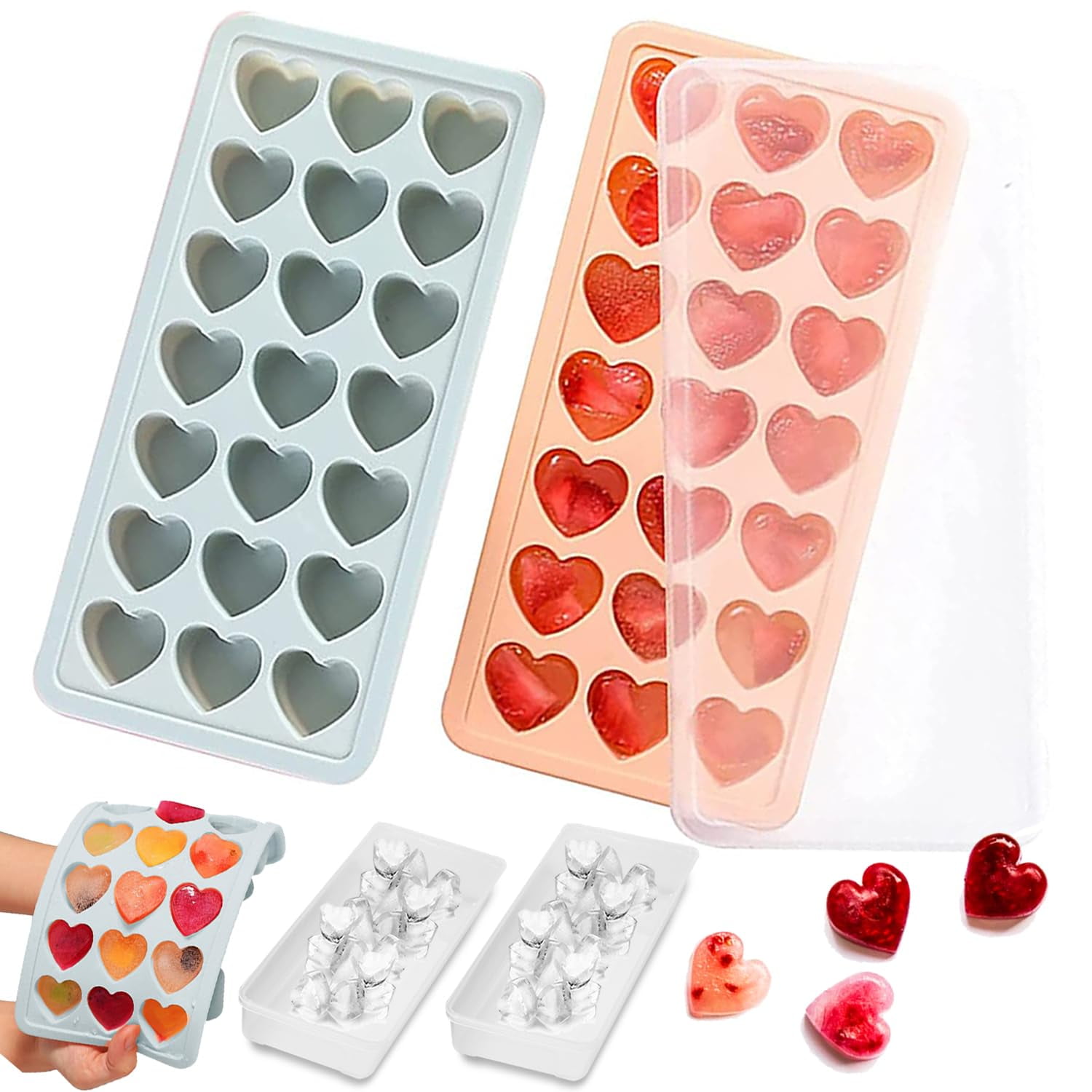2 Pack Heart Shpaed Ice Cube Trays with Lids, 42 Holes Silicone Heart ...