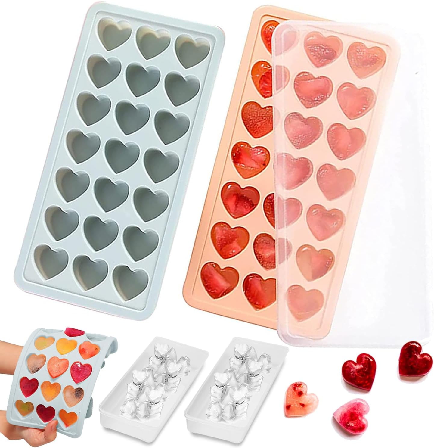2 Pack Heart Shpaed Ice Cube Trays with Lids, 42 Holes Silicone Heart ...
