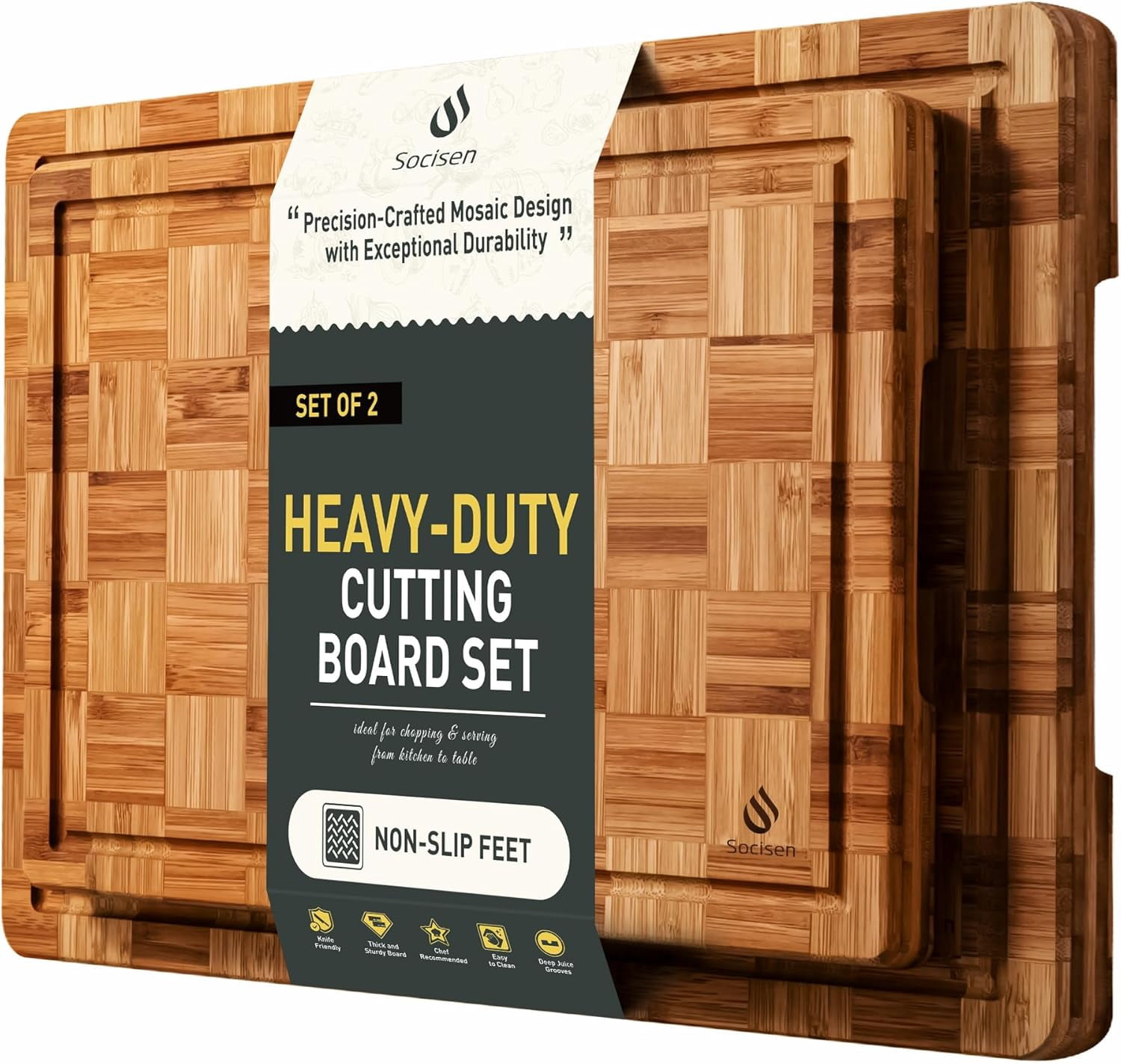 2 Pack Heavy Duty Bamboo Cutting Board Set Non Slip Over Sink Solid End ...