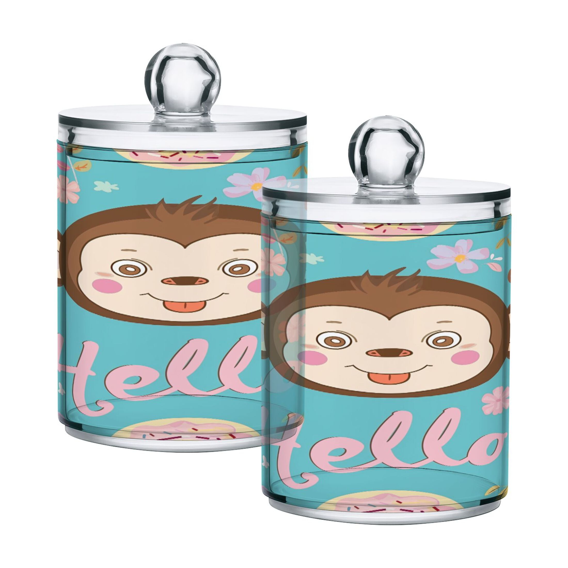 2 Pack Hello Monkey Face Qtip Holder Dispenser Clear Plastic Storage Apothecary Jars for Cotton ...